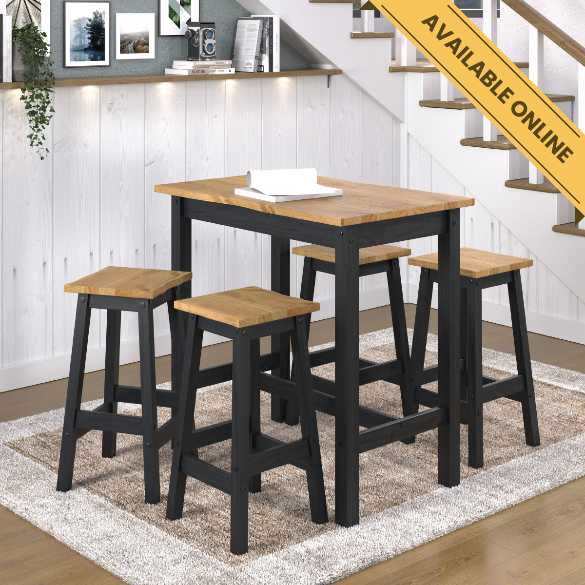 Live Edge Large Rectangular High Breakfast Bar Table and Pair Stool Set ...